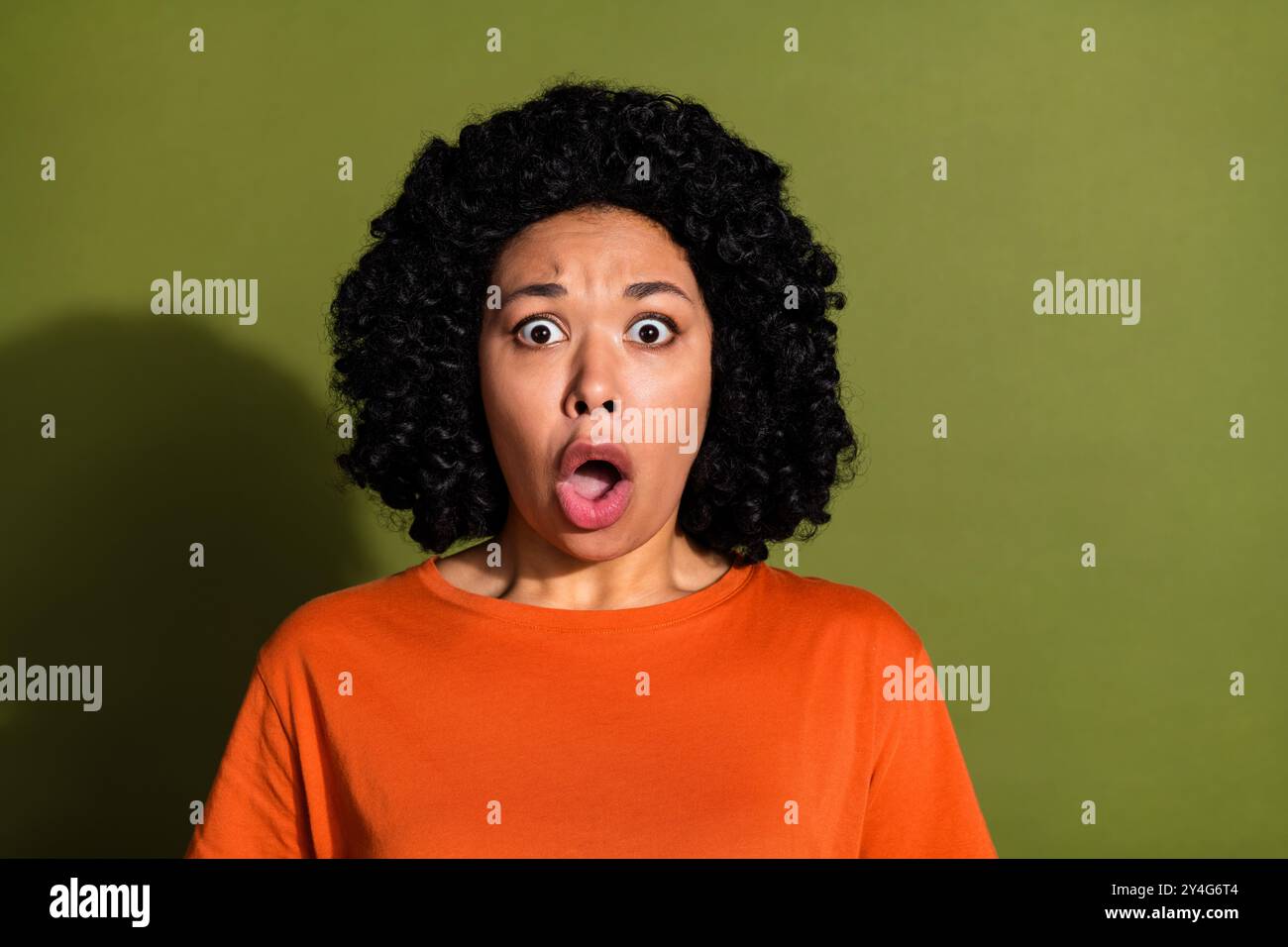 Photo portrait of lovely young lady frightened face dressed stylish ...