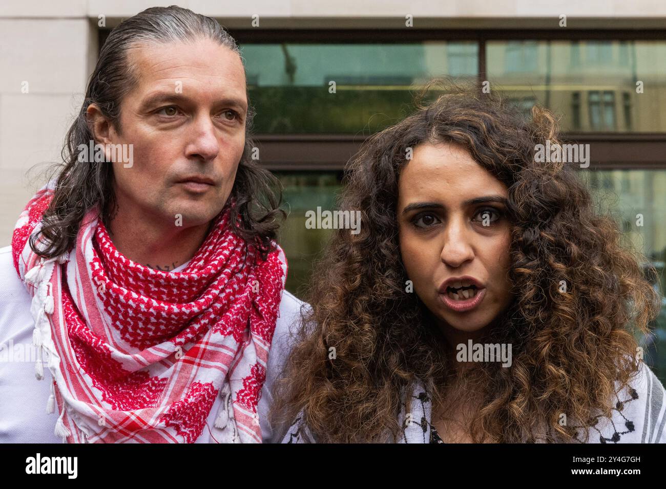 London, UK. 18th September, 2024. Co-founders of Palestine Action Richard Barnard (l) and Huda ...