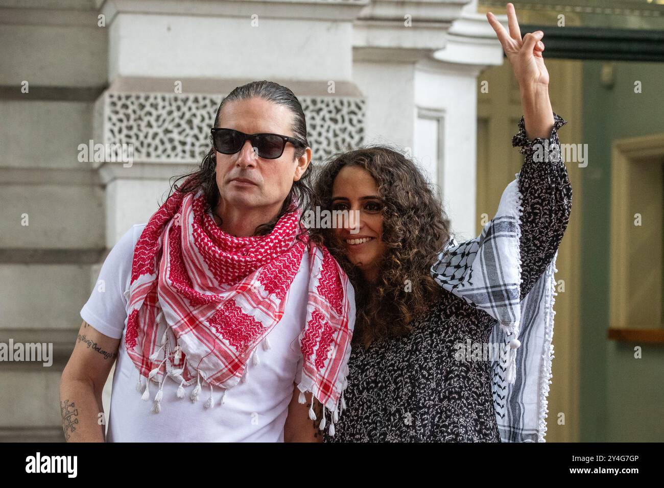 London, UK. 18th September, 2024. Co-founders of Palestine Action Richard Barnard (l) and Huda ...
