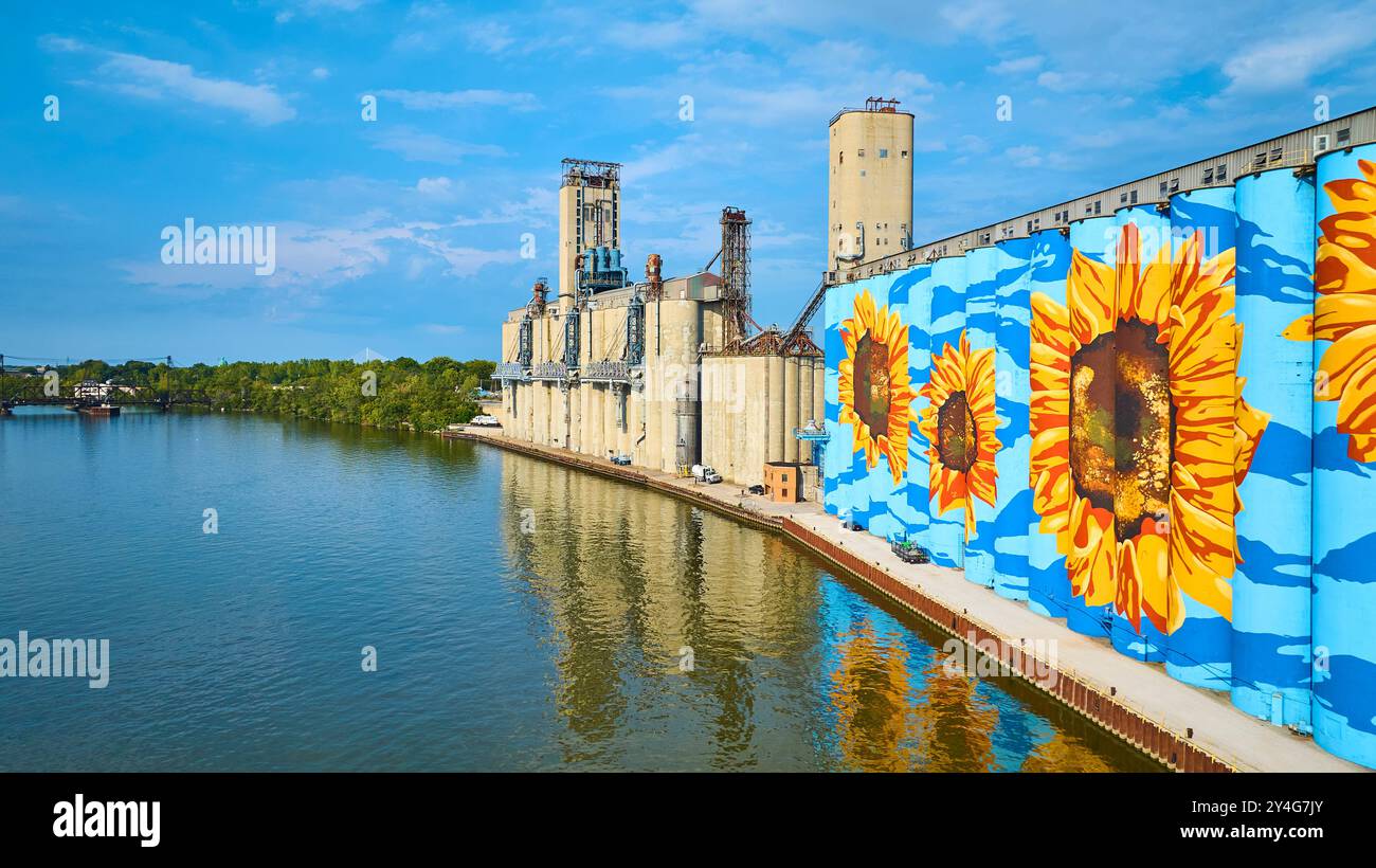 Aerial View of Sunflower Mural Silos on Maumee River Toledo Stock Photo ...