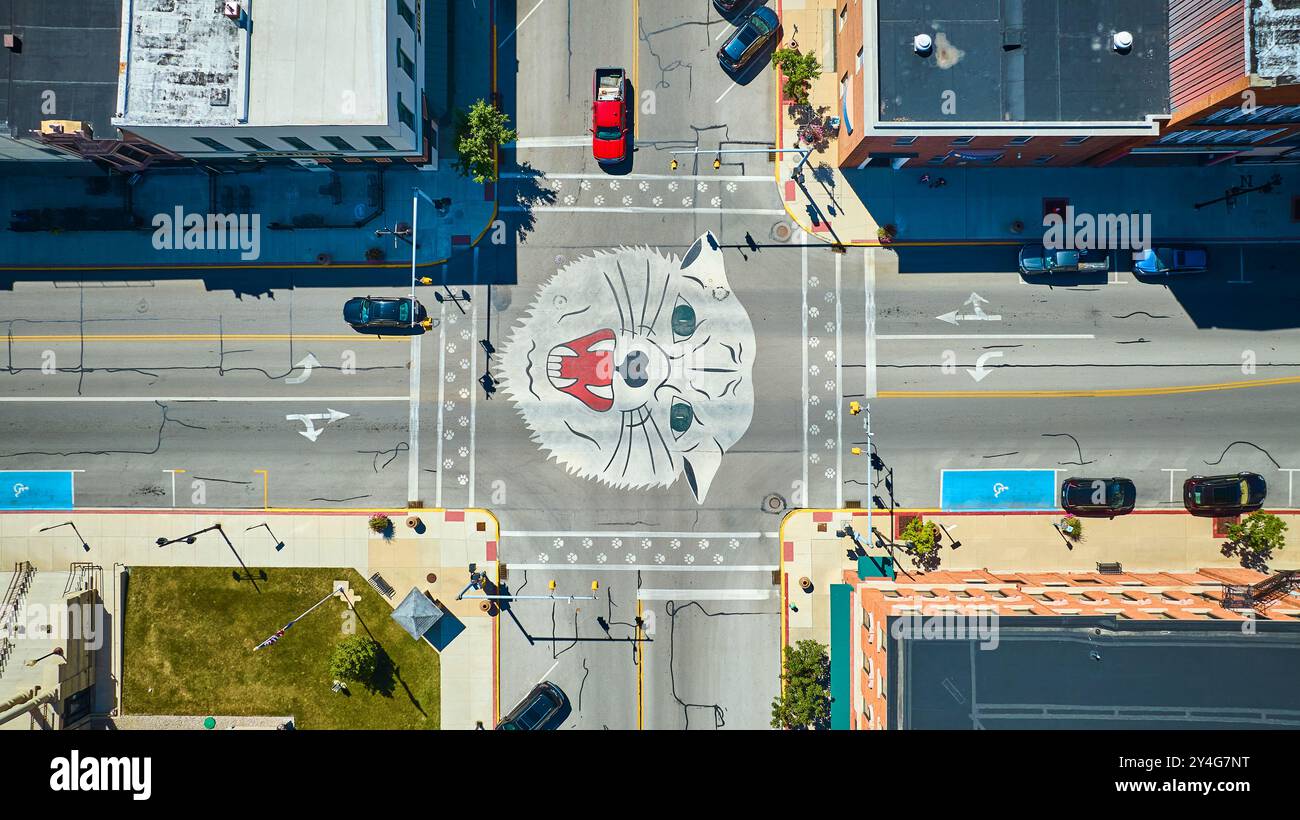 Aerial Top Down View of Cat Mural at City Intersection with Pedestrian ...