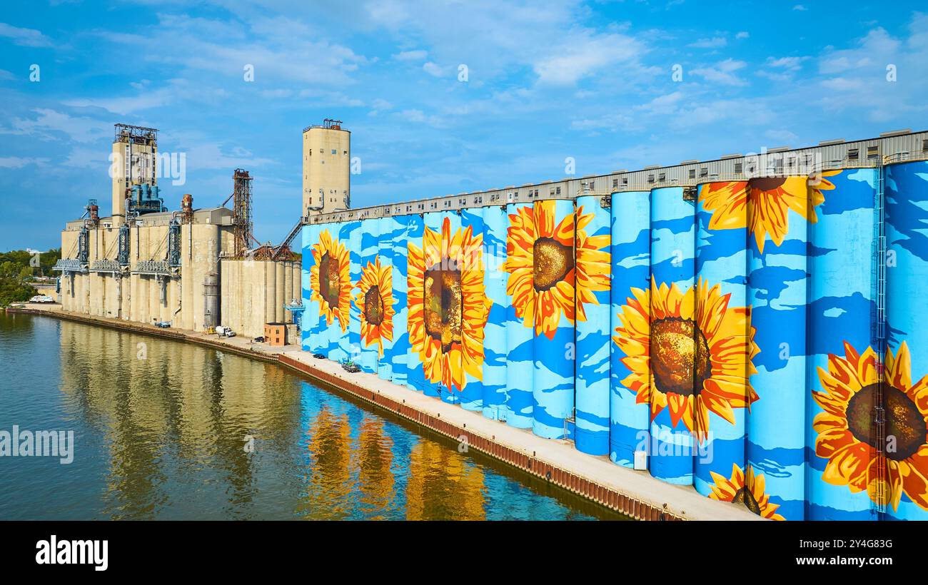 Aerial View of Sunflower Mural on Toledo Grain Silos by Maumee River ...