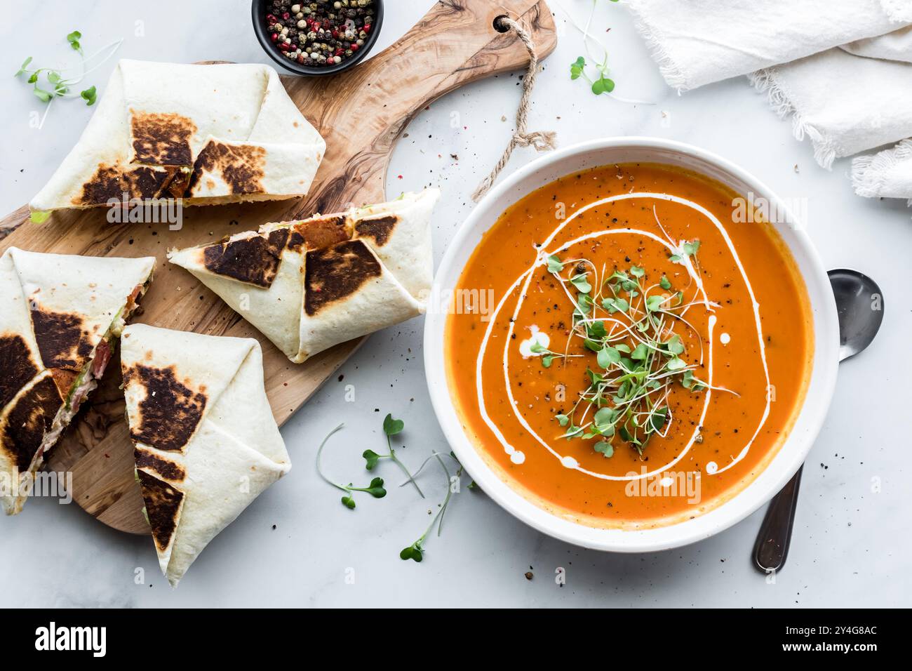 Roasted red pepper soup with homemade crunch wraps, ready for eating ...