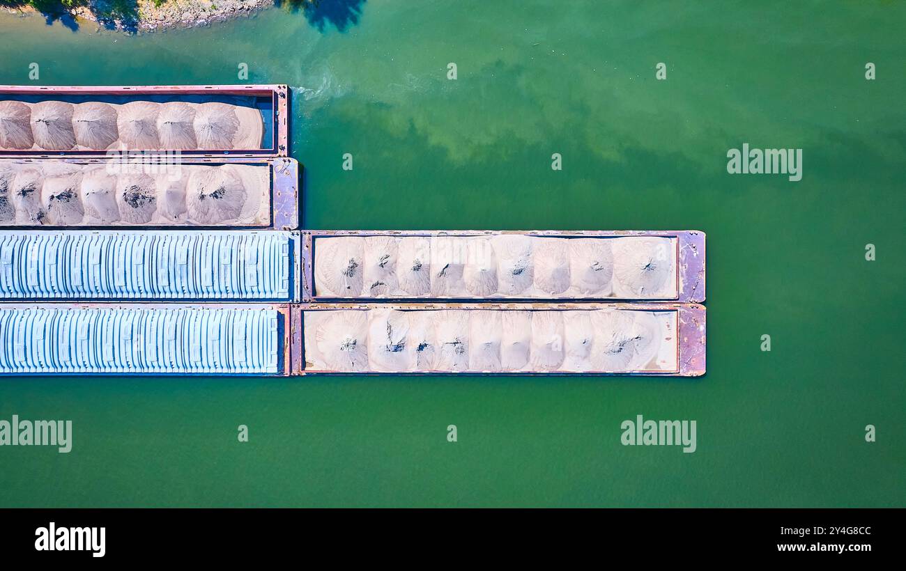 Aerial Top Down View of Barges with Sand on Green River Stock Photo - Alamy