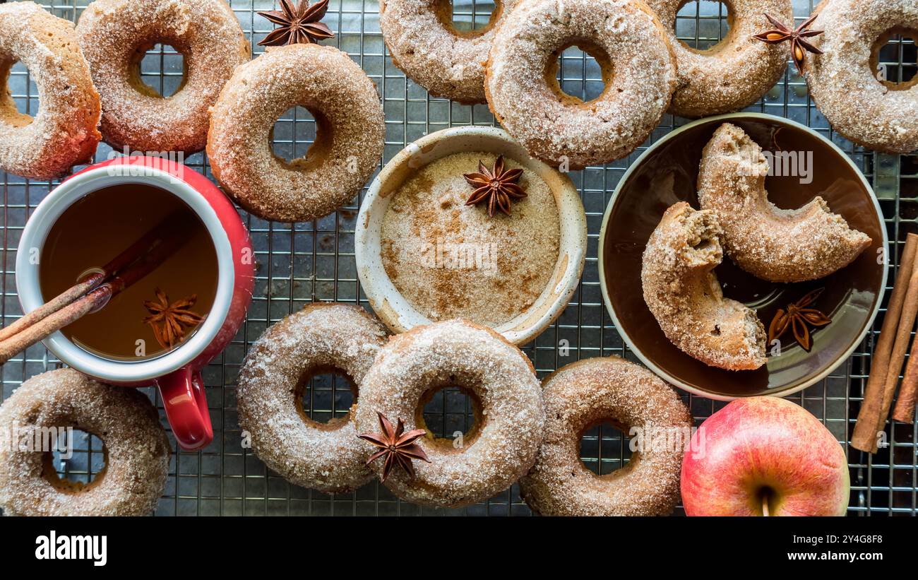 Top down view of several chai orchard doughnuts coated in cinnamon ...