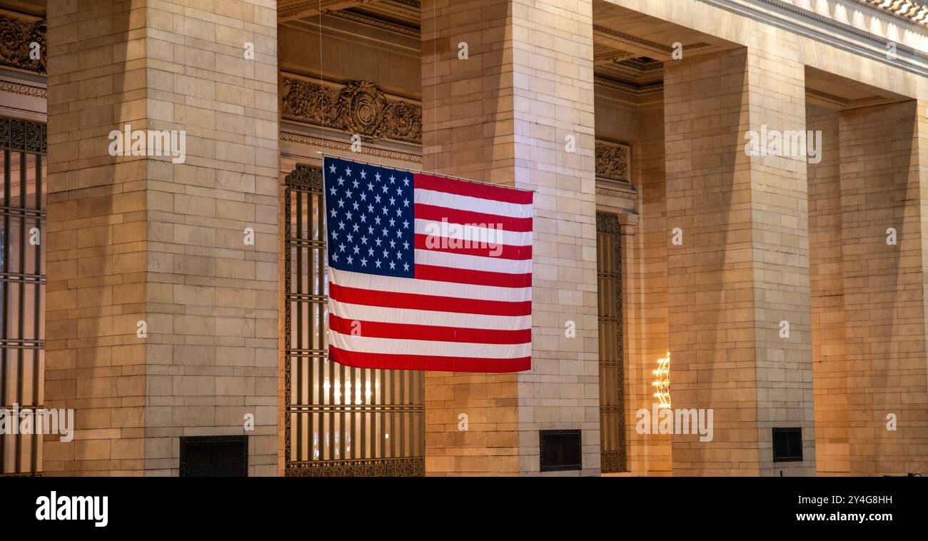 Unites States flag hanging at Grand Central Station in New York City ...