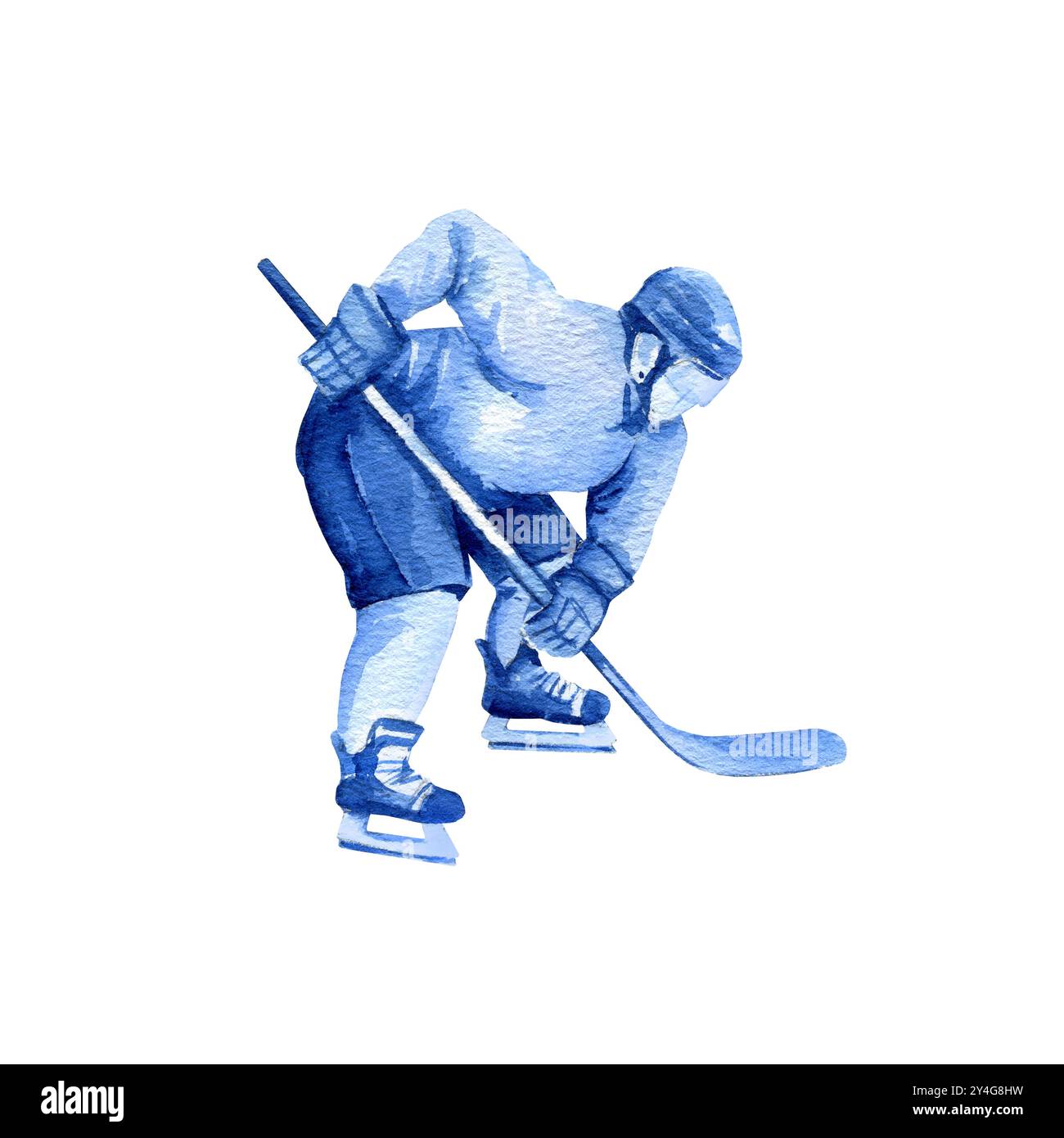 hockey player with sticks bent down to throw the puck, hand drawn ...