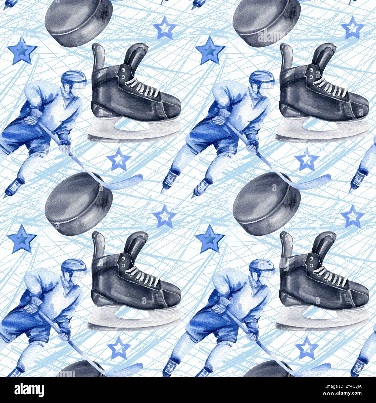 hockey players with sticks in motion with a puck, stars and black ...