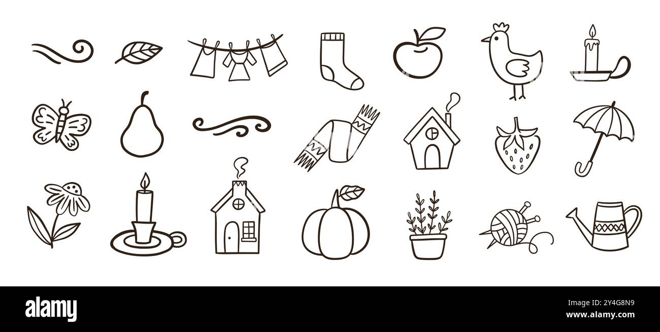 Cozy Autumn Doodle Sketch Fall Icons Collection Stock Vector Image ...