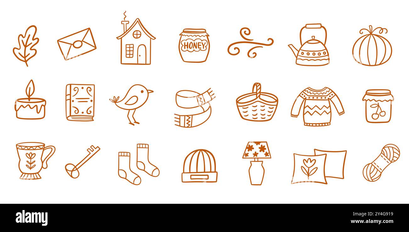 Cozy Autumn Doodle Sketch Fall Icons Collection Stock Vector Image ...