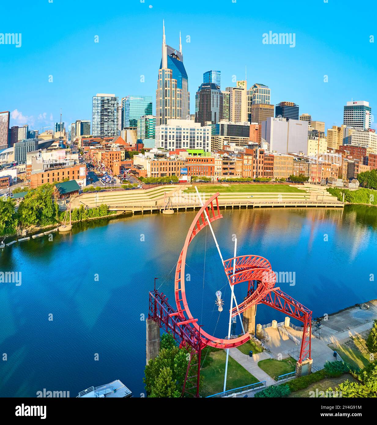 Aerial View of Nashville Skyline with Ghost Ballet Sculpture and River ...