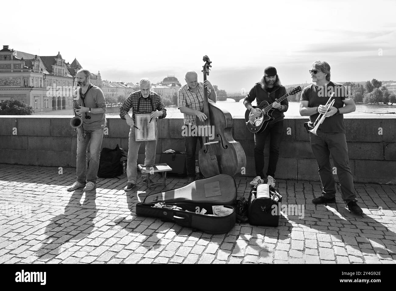Street musicians performing on the Charles bridge in Prague, capital of ...
