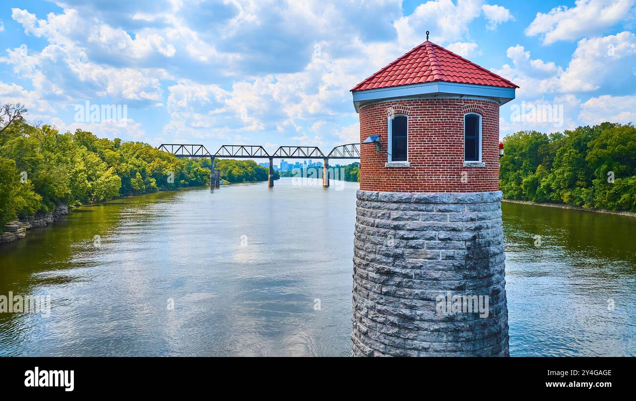 Aerial View of Historic Brick Lighthouse and Steel Bridge Over ...