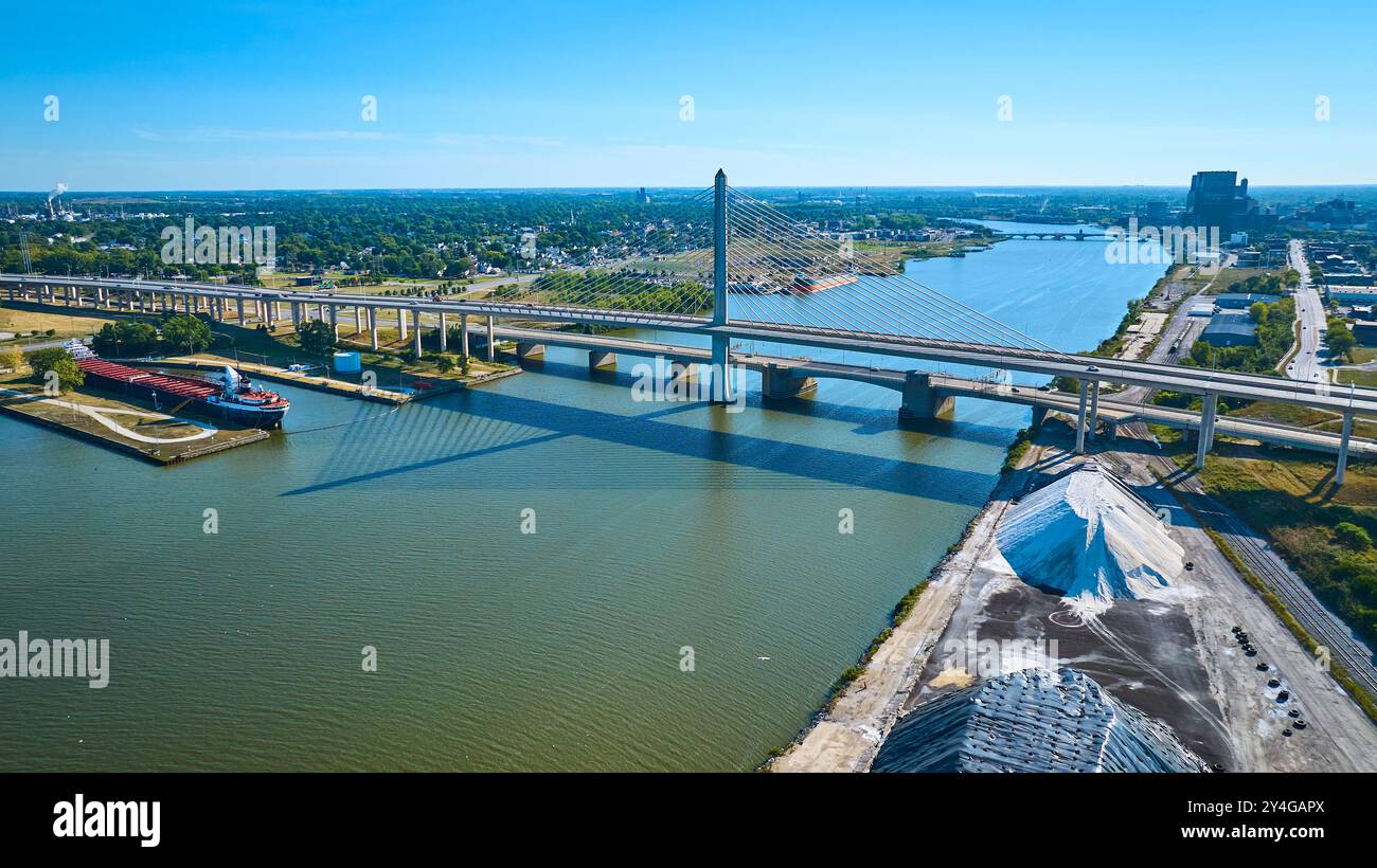 Aerial of Veterans Glass City Skyway Bridge and Maumee River, Toledo ...