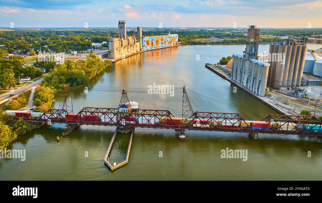 Aerial Toledo Train Bridge and Industrial Complex Sunflower Mural at ...