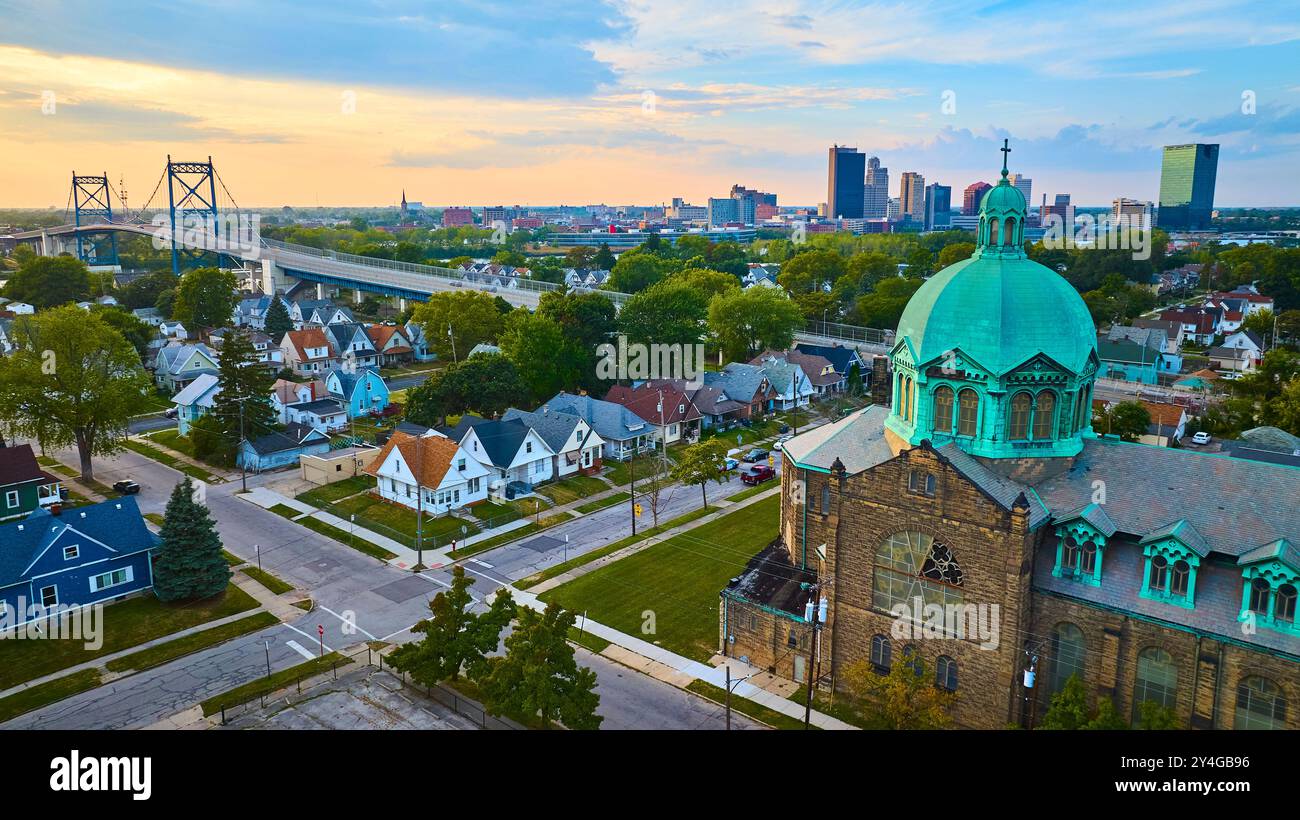 Aerial View Toledo Skyline with Church Cross and Bridge at Golden Hour ...