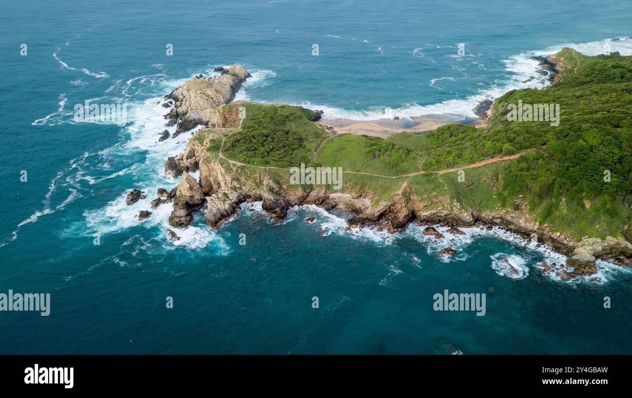 Aerial view of Punta Cometa viewpoint, southernmost point of Oaxaca ...