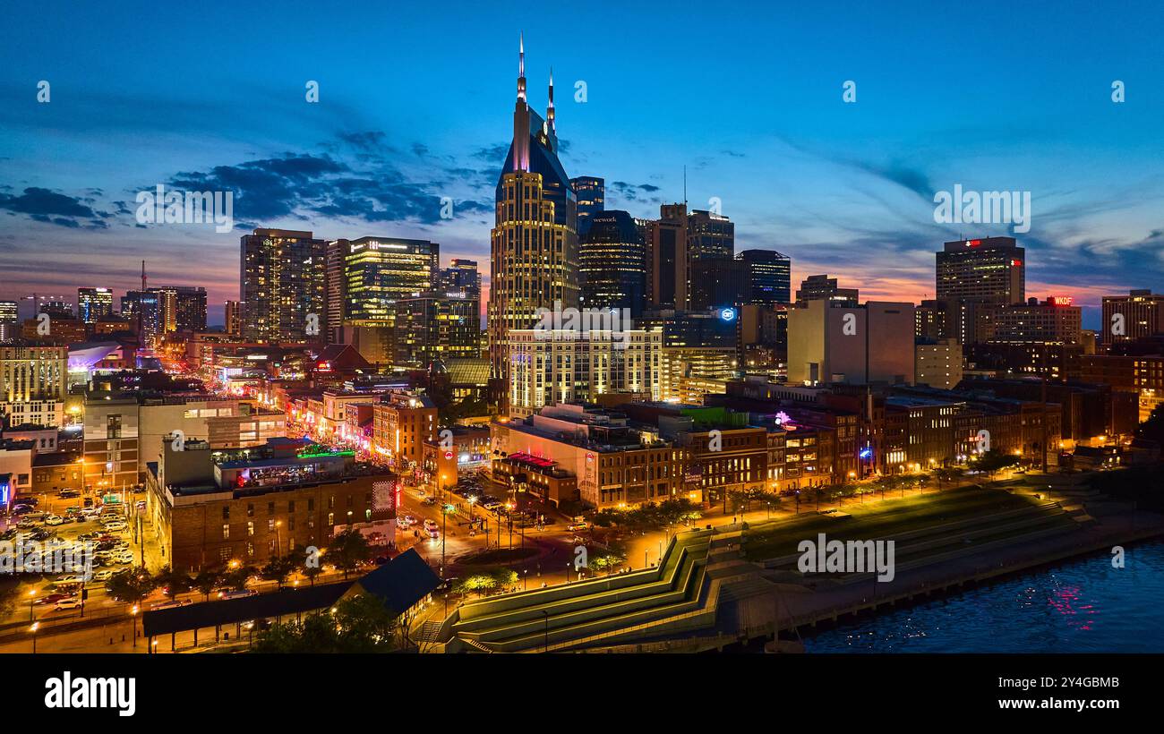 Aerial Nashville Skyline Blue Hour with Broadway Street Motion Stock ...