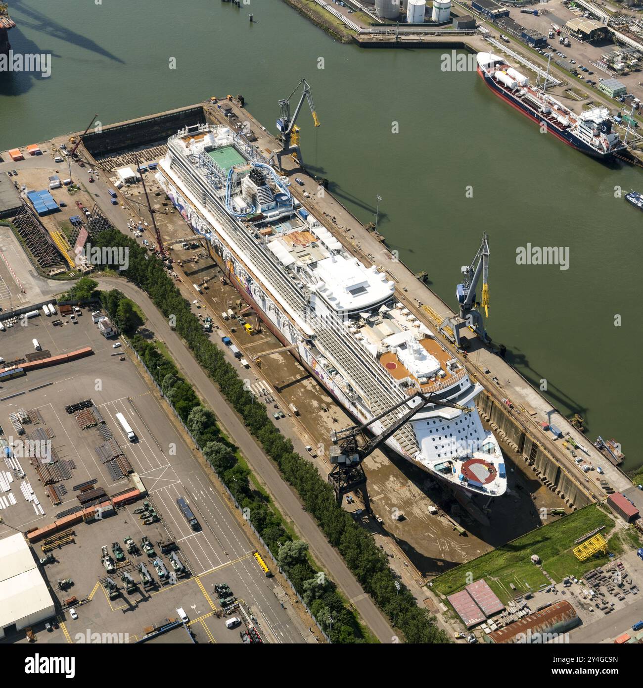 A large cruise ship, Manara, is in a dry dock at Damen Verolme in the ...