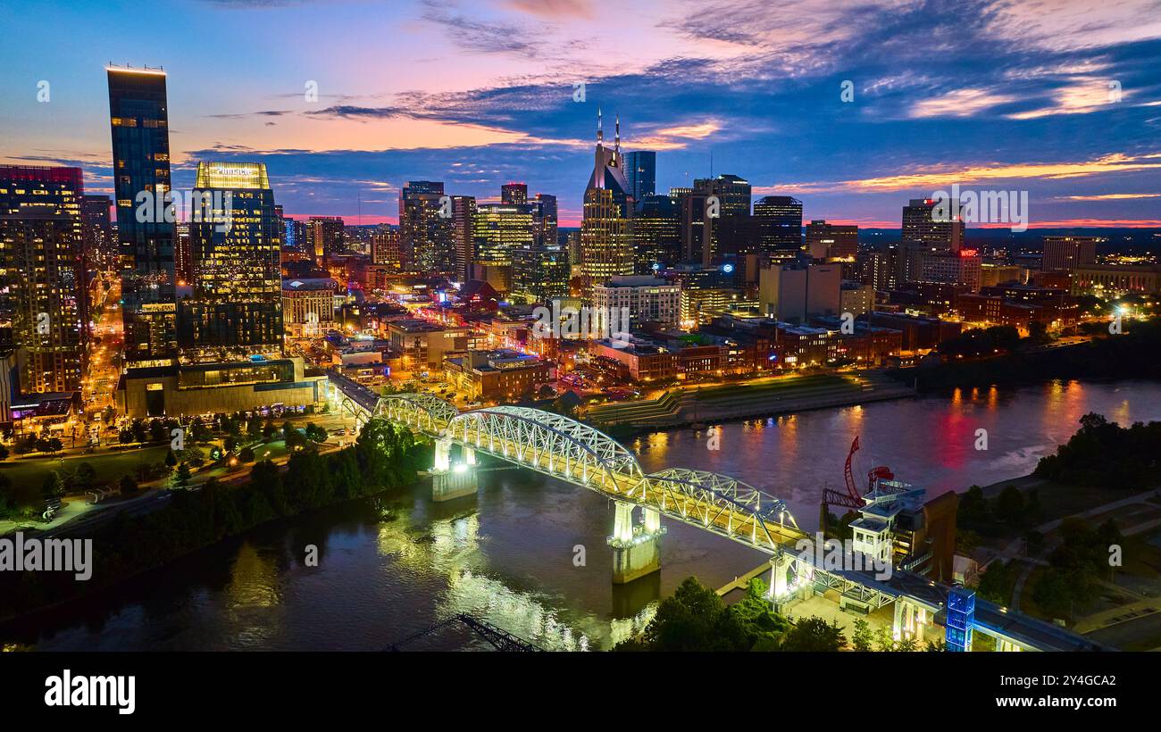 Aerial View of Nashville Skyline at Blue Hour with River Reflections ...