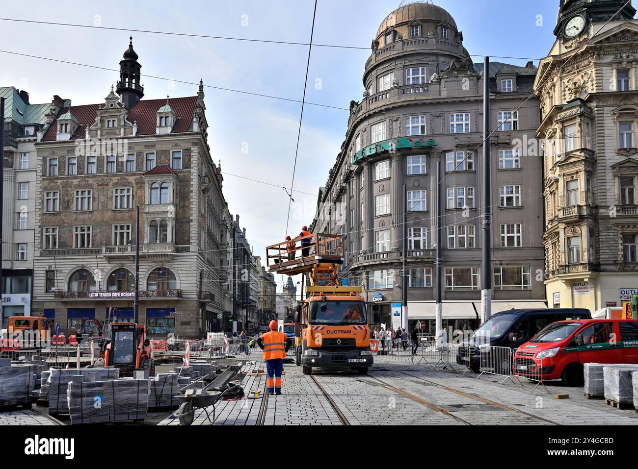 Tram tracks reconstruction works on streets around Wenceslas Square in ...