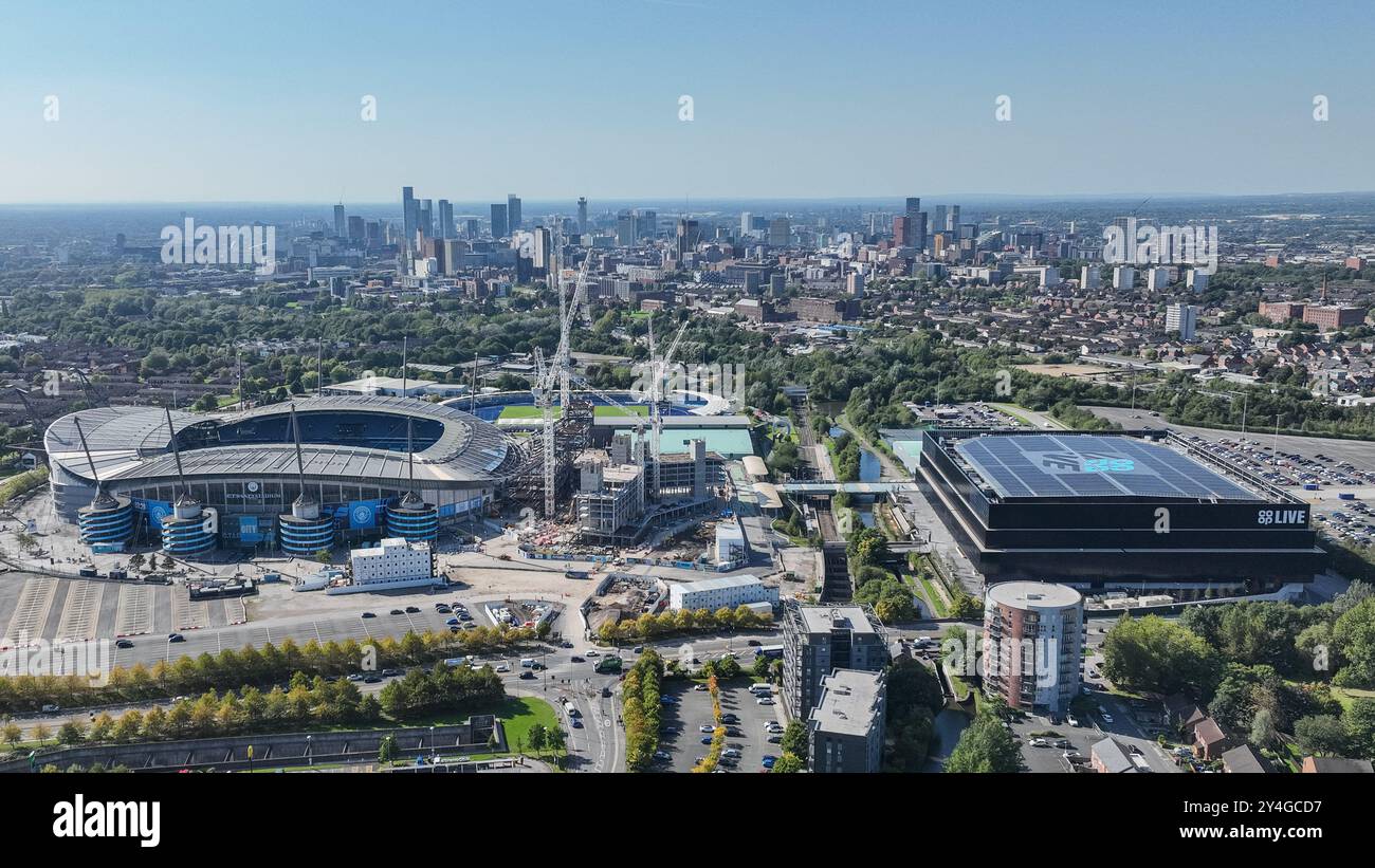 An aerial view of the Etihad Stadium, constriction of the new stand and ...