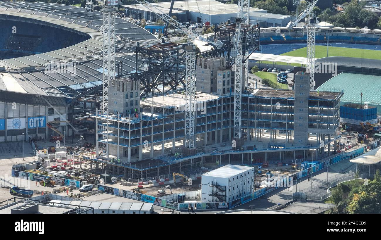An aerial view of the Etihad Stadium and the constriction of the new ...