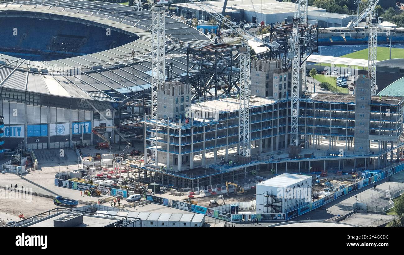 An aerial view of the Etihad Stadium and the constriction of the new ...