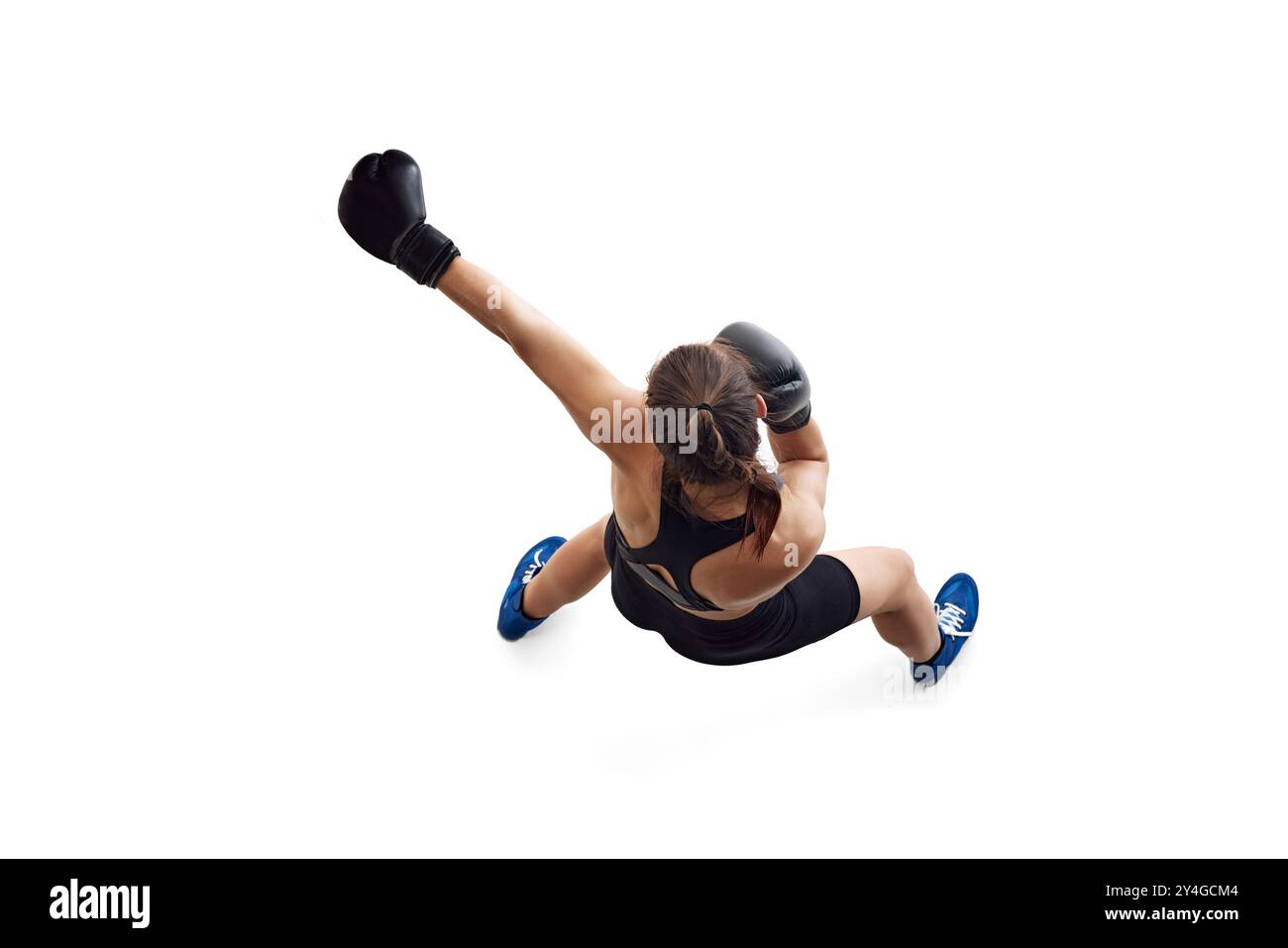 Top view image of young woman, boxing athlete in motion, training ...