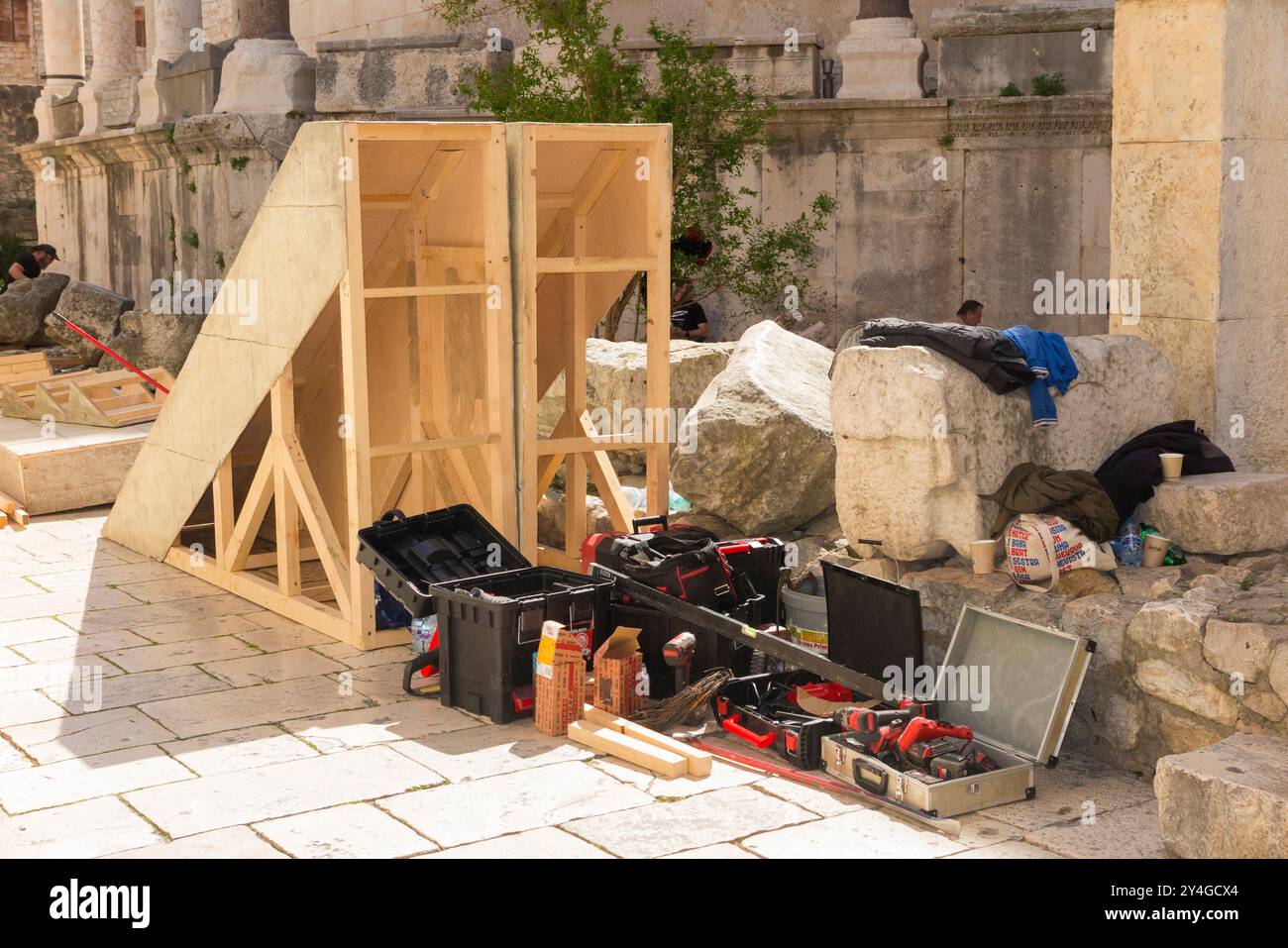 Stage / film set props creating scene with painted wood, prepared by a ...