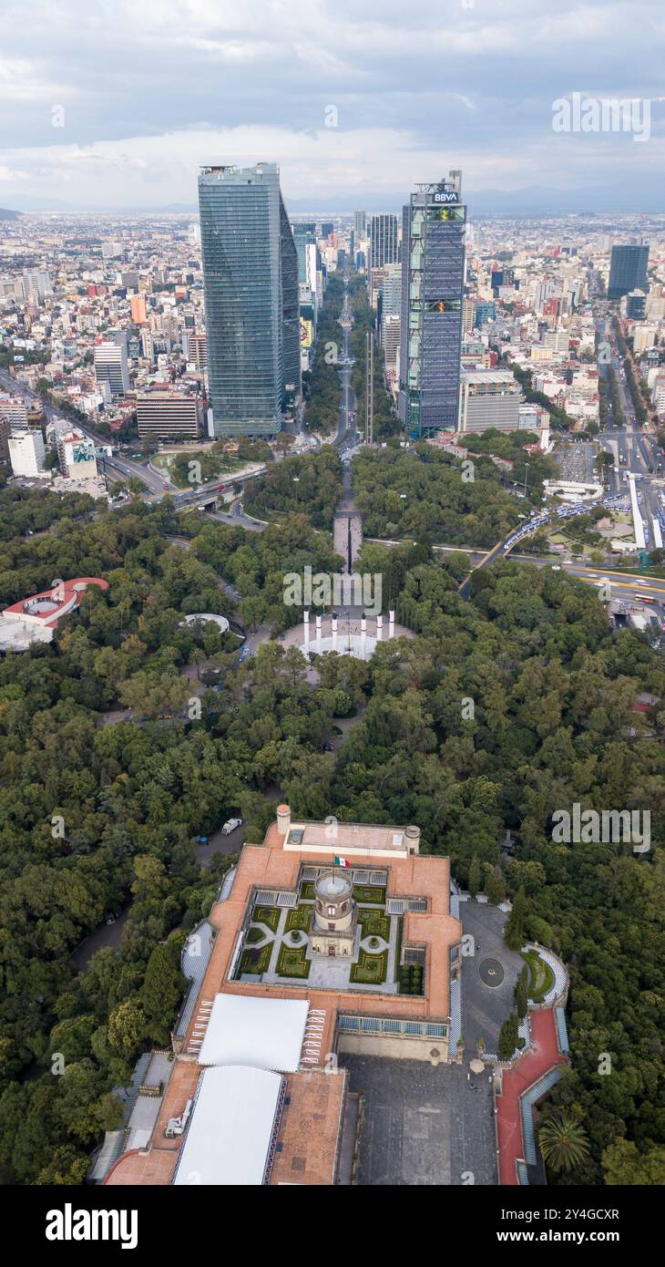 Aerial view of Chapultepec Castle and Paseo de la Reforma Avenue in ...
