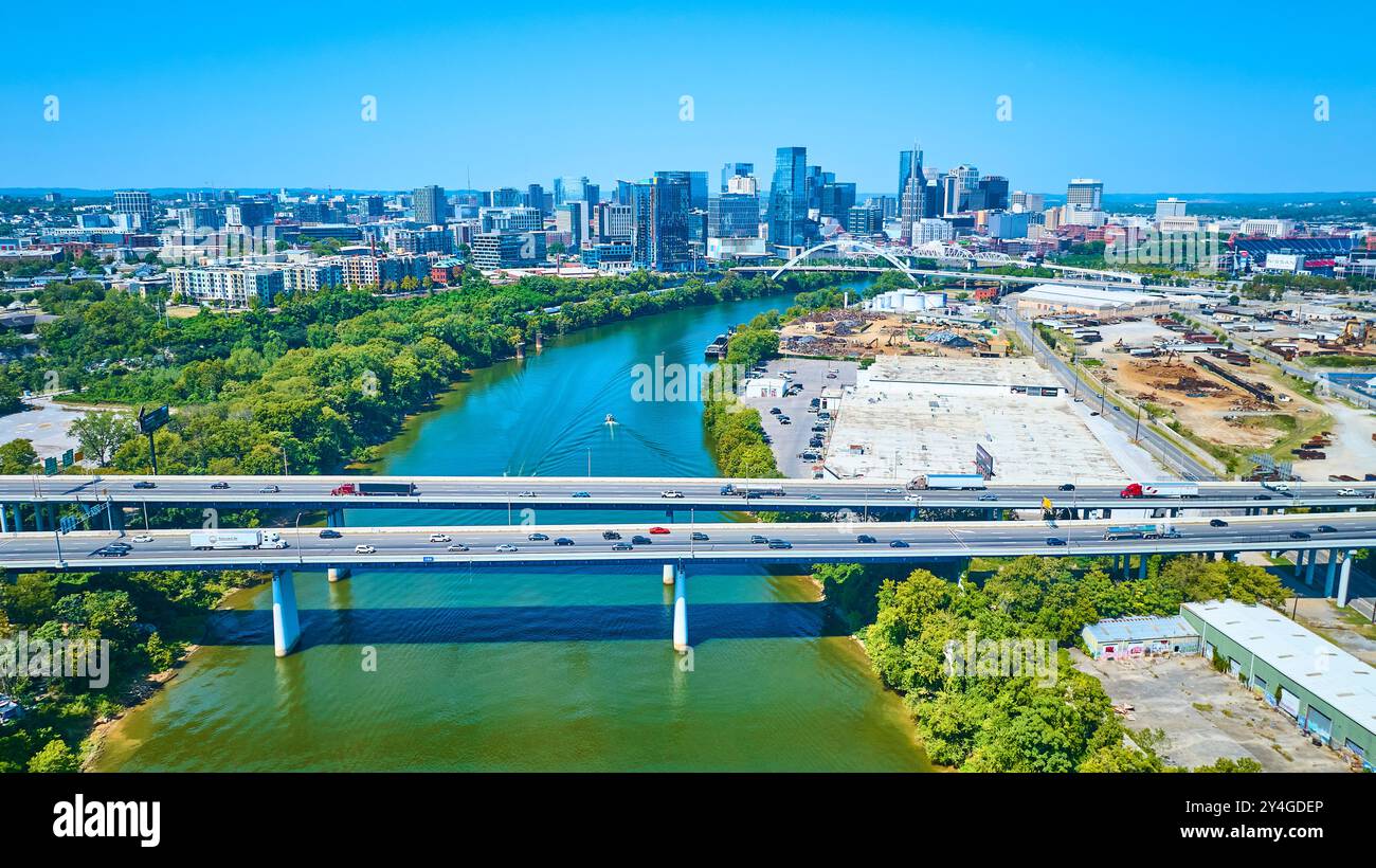 Aerial View of Nashville Skyline Cumberland River and Highway Bridge ...