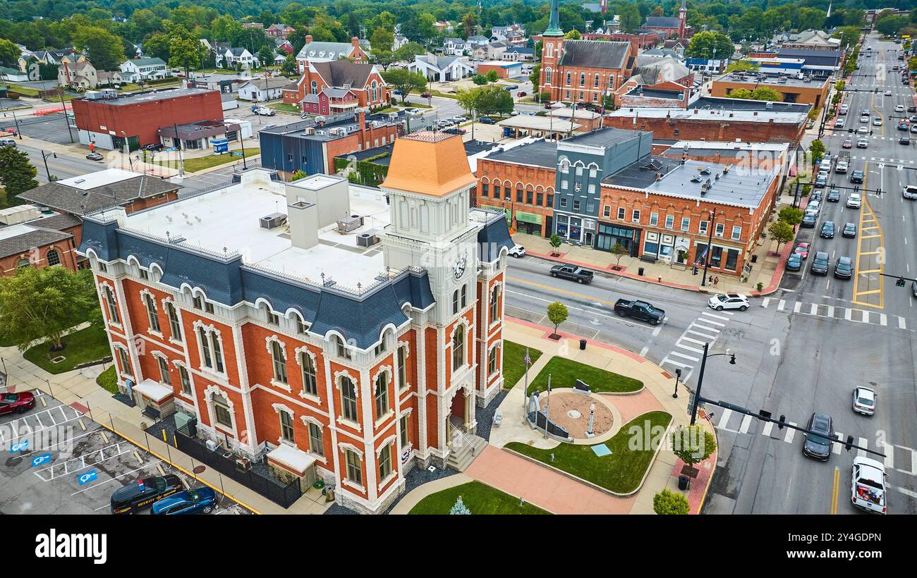 Aerial View of Historic Clock Tower in Defiance Ohio Town Center Stock ...