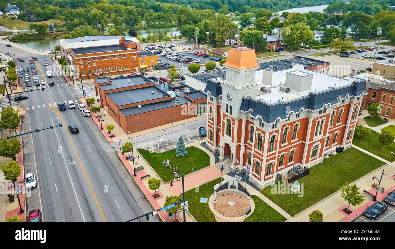 Aerial View of Defiance County Courthouse and Downtown Ohio Urban Grid ...
