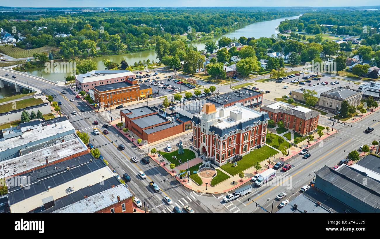 Aerial View of Historic Courthouse and River in Small Town Ohio Stock ...
