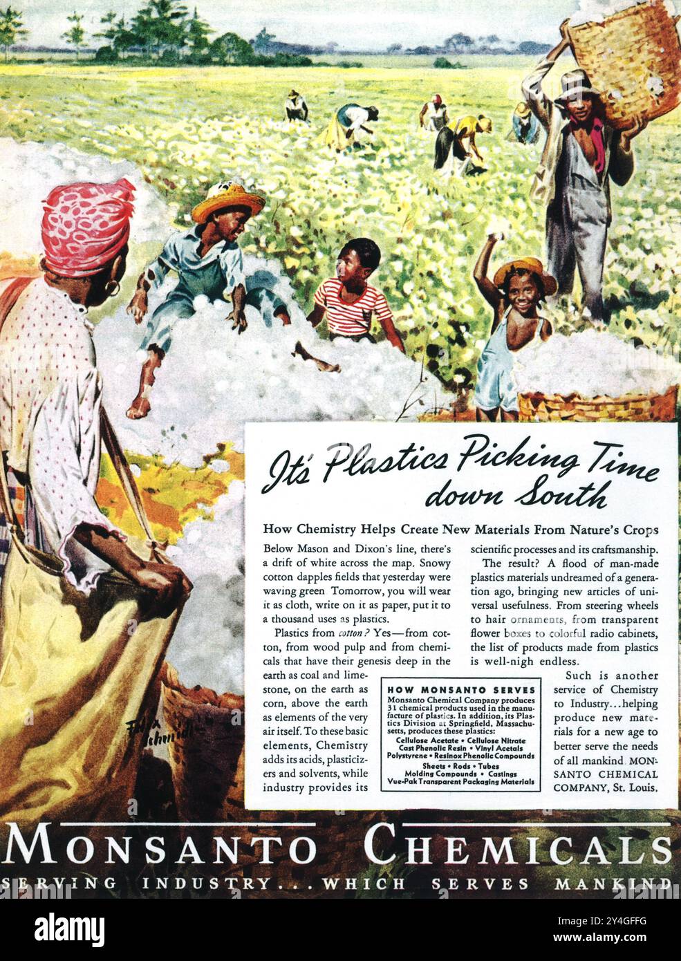 1939 Monsanto Chemicals Ad - "It's Plastics Picking Time Down South ...