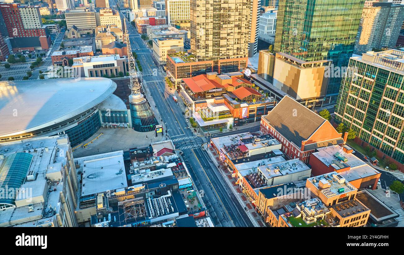 Aerial View of Bridgestone Arena and Broadway Street at Golden Hour ...