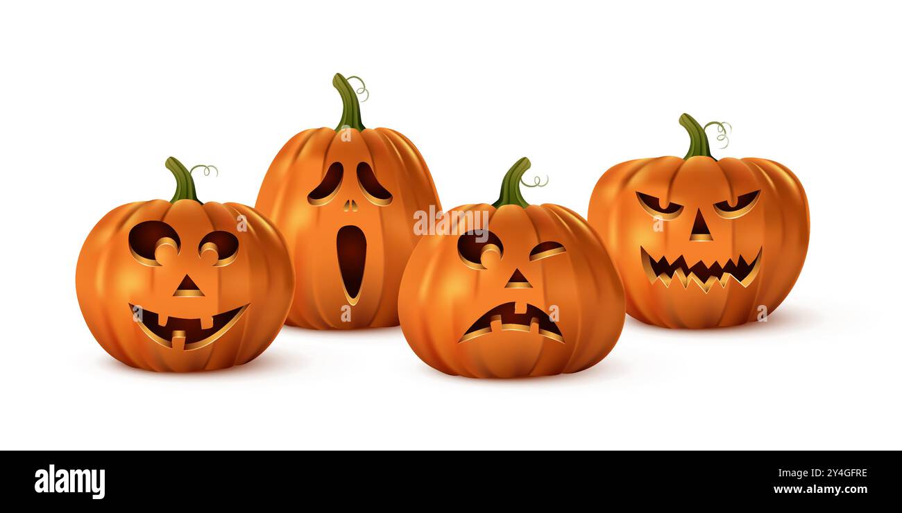 Halloween carved spooky pumpkin set. Isolated smiling, cute, funny ...