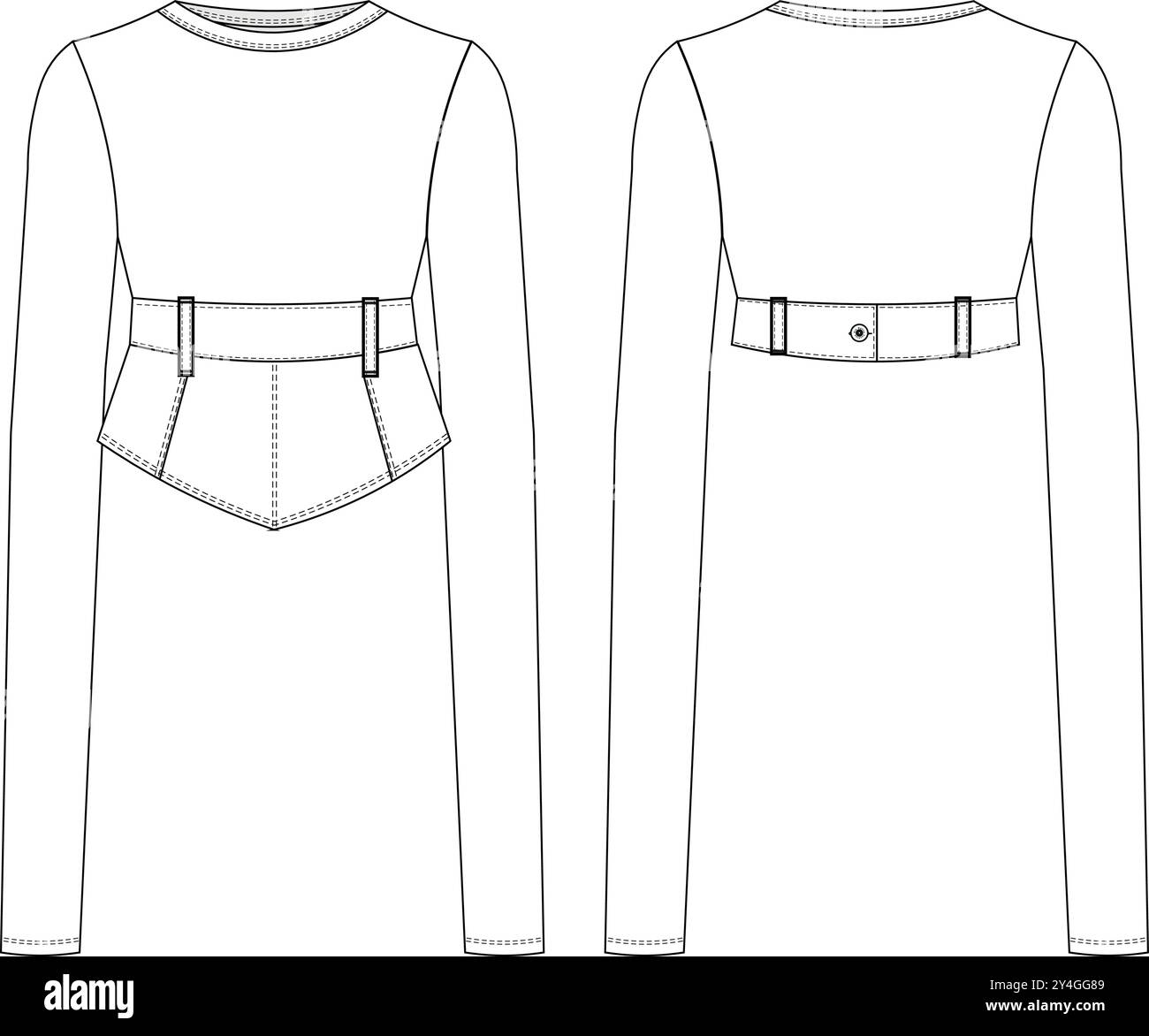 jean belted cropped blouse sweater technical drawing flat sketch mockup ...