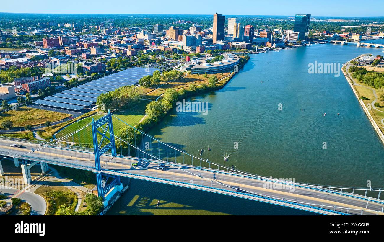 Aerial View of Toledo Blue Anthony Wayne Bridge and Skyline Over Maumee ...