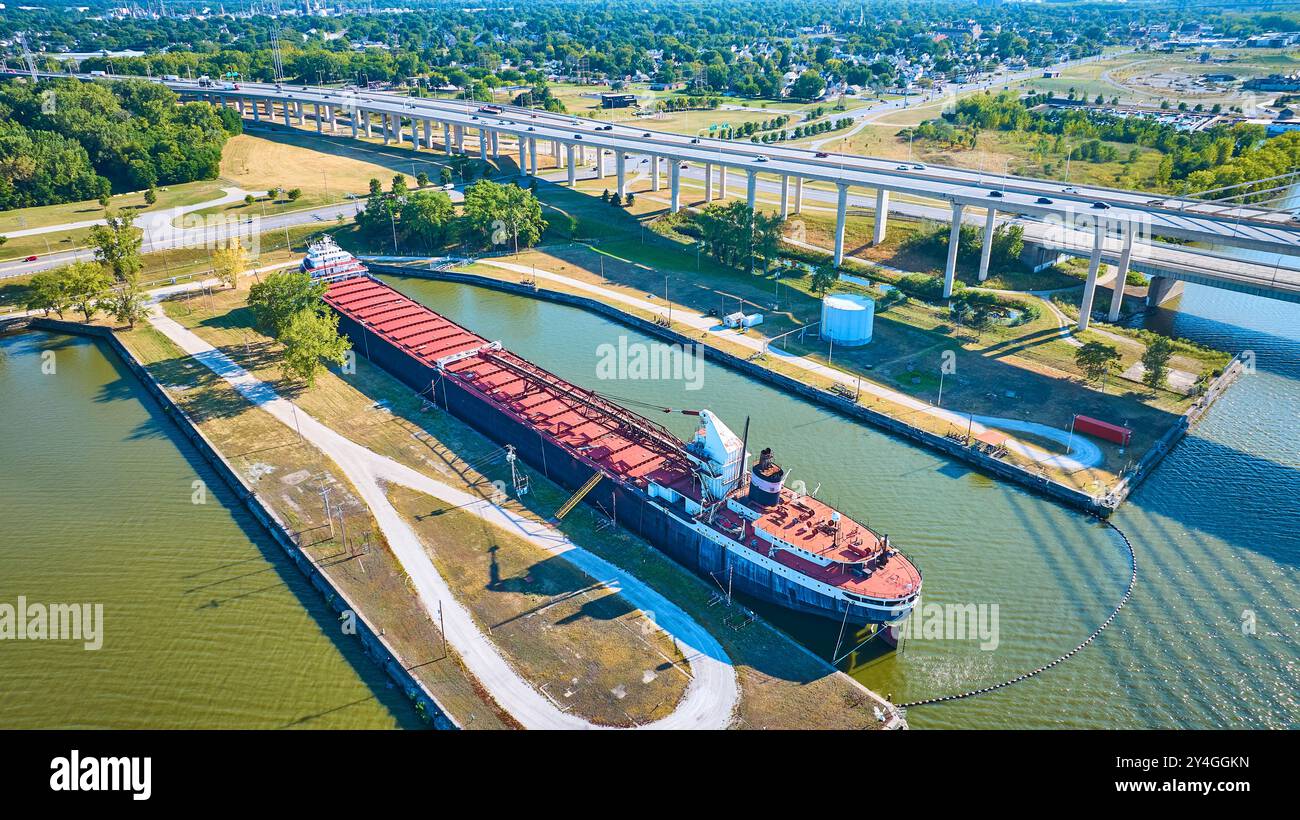 Aerial View of Cargo Ship and Highway Overpass in Industrial Canal Zone ...