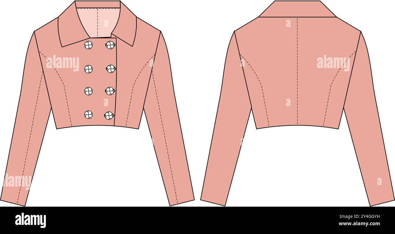 twill leather denim jean cropped short jacket technical drawing flat ...