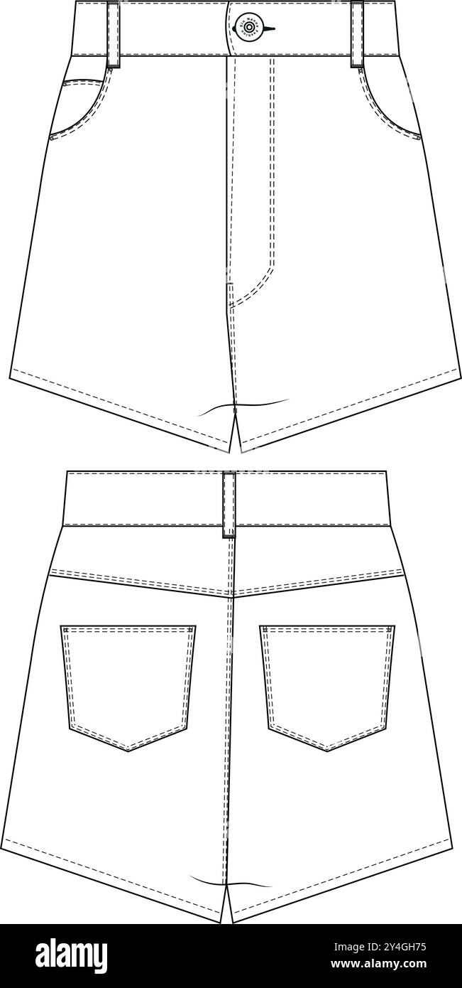 mini jean denim short technical drawing flat sketch cad mockup template ...