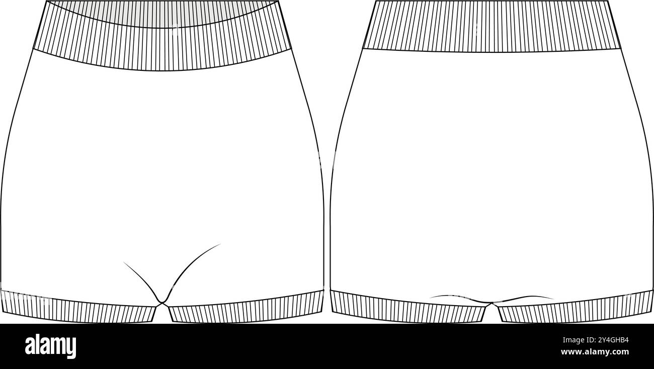 ribbed waisband mini short technical drawing flat sketch cad mockup ...
