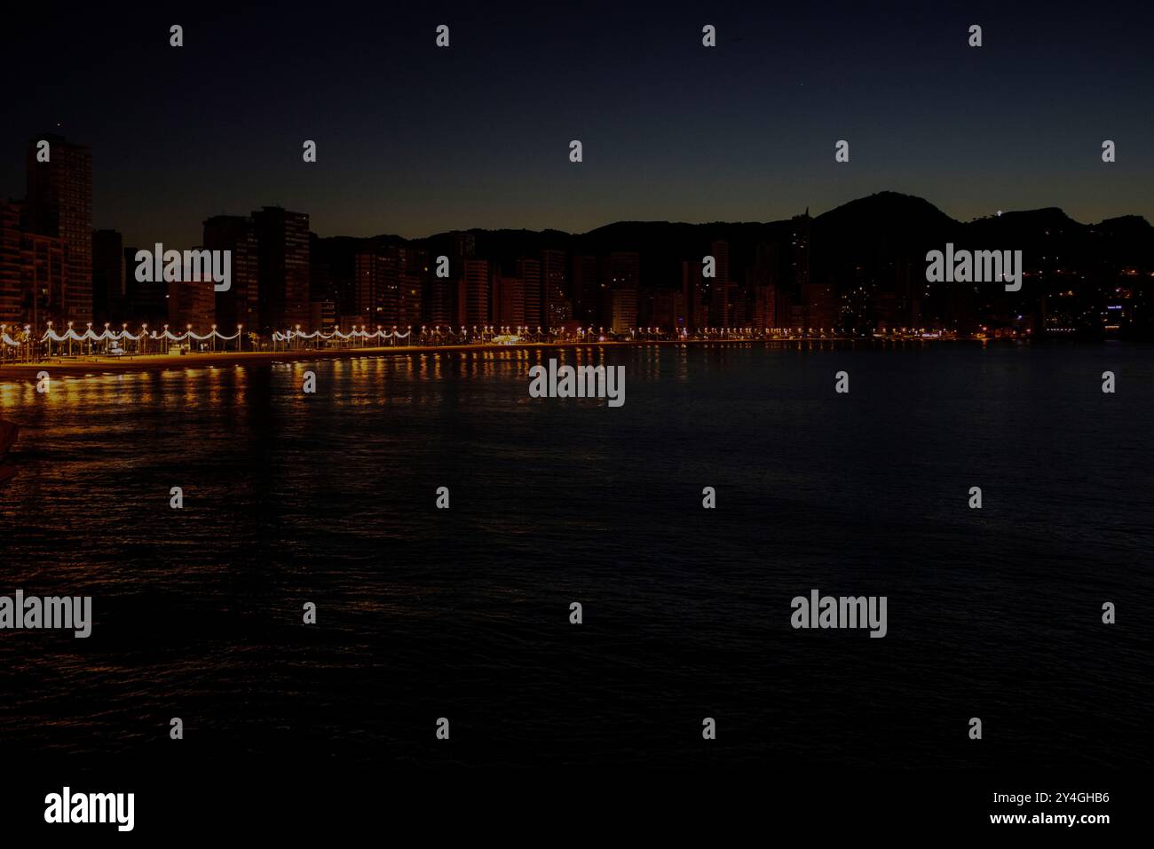 Night Aerial photo of Benidorm Playa Levante beach, hotels, buildings ...