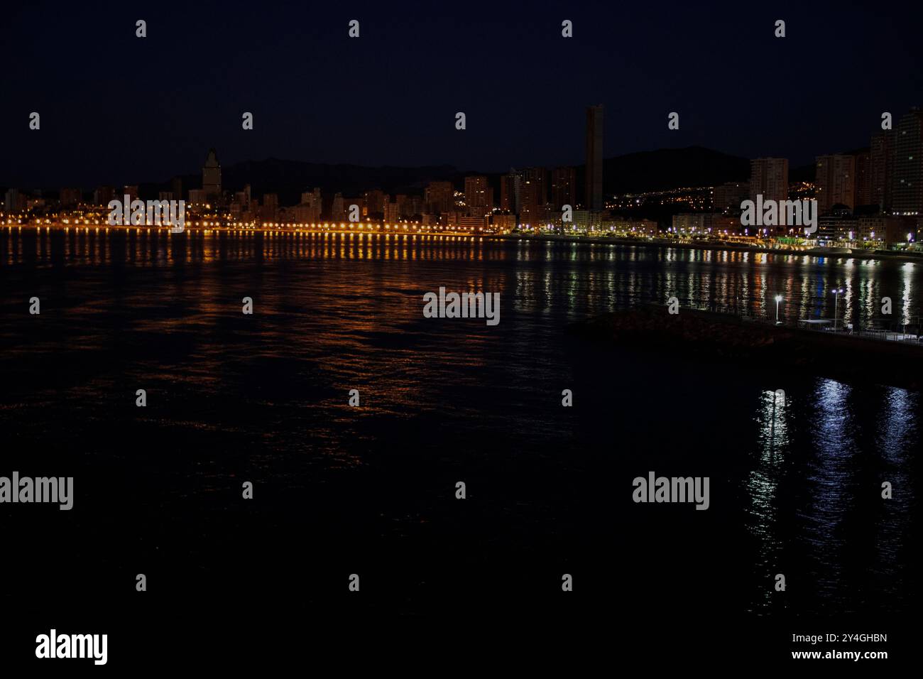Night Aerial photo of Benidorm Playa Levante beach, hotels, buildings ...