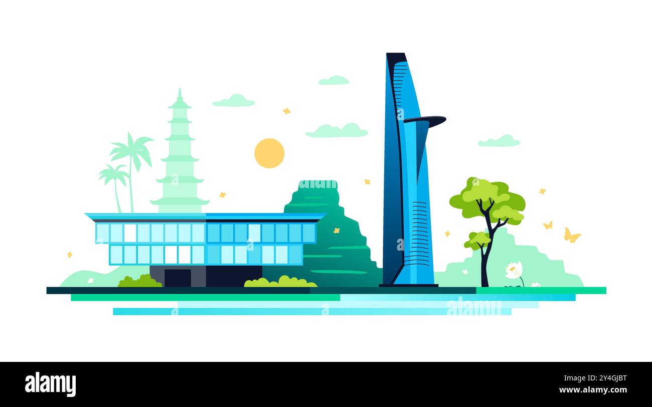 Vietnam modern buildings and nature - colored vector illustration Stock ...