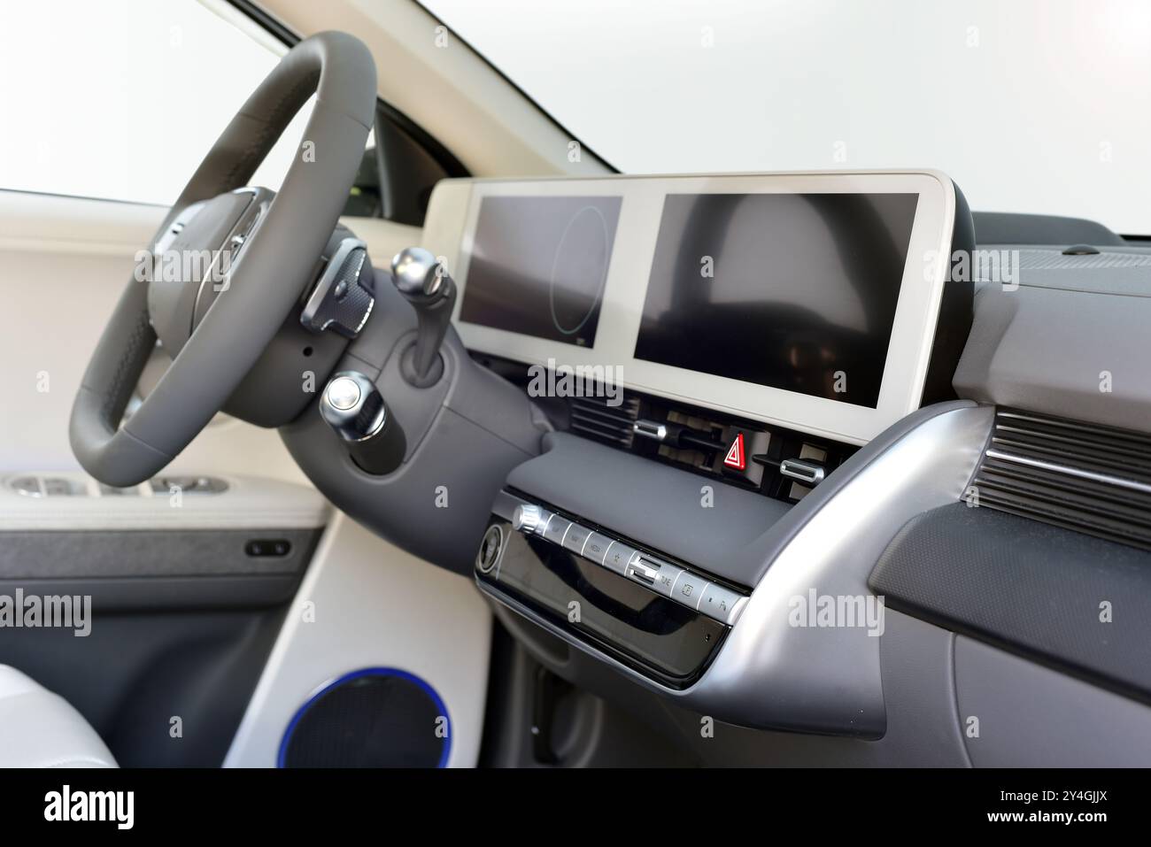 Passenger car dashboard with steering wheel, instrument panel and ...