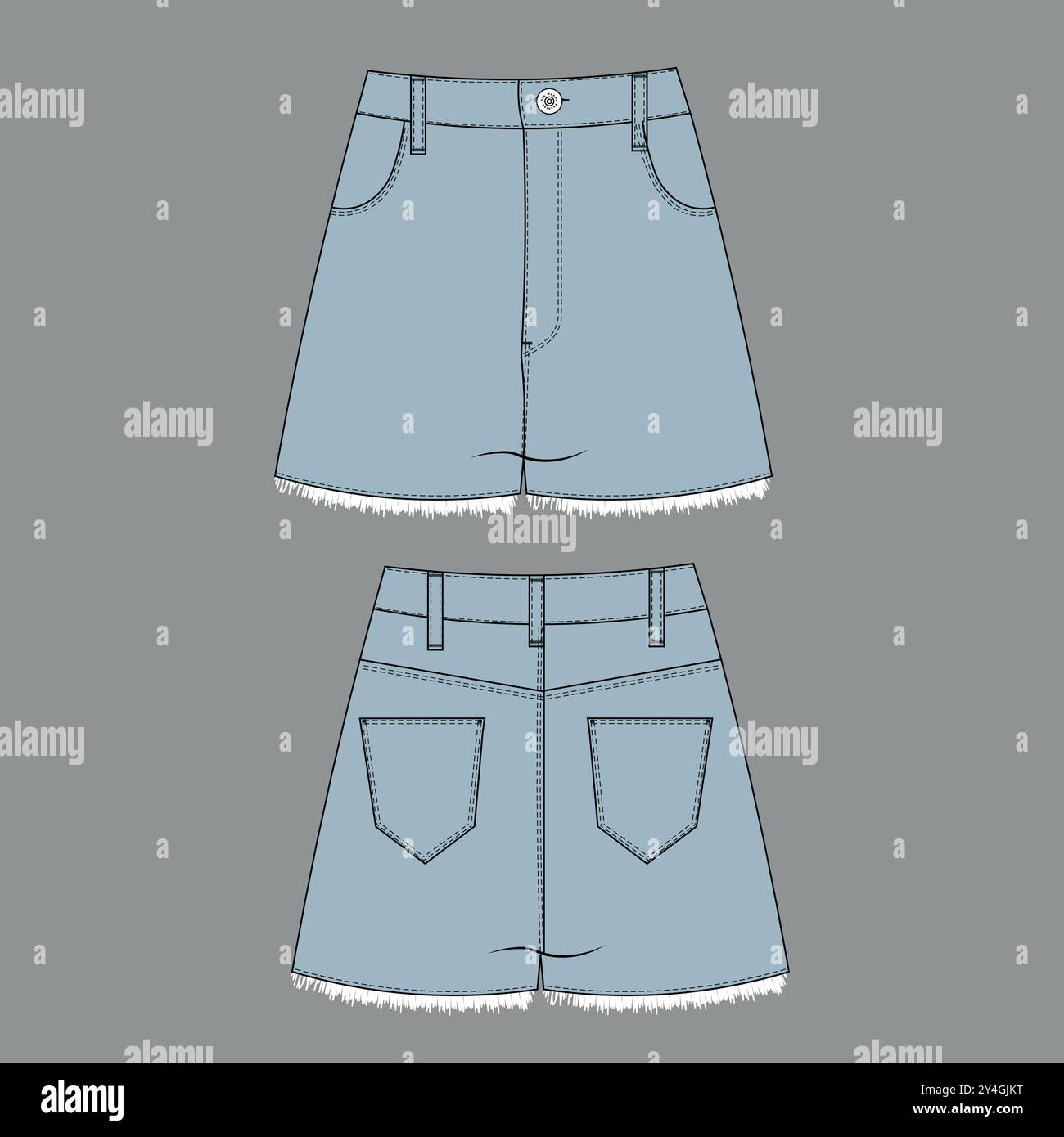 disstressed denim jean short technical drawing flat sketch template cad ...
