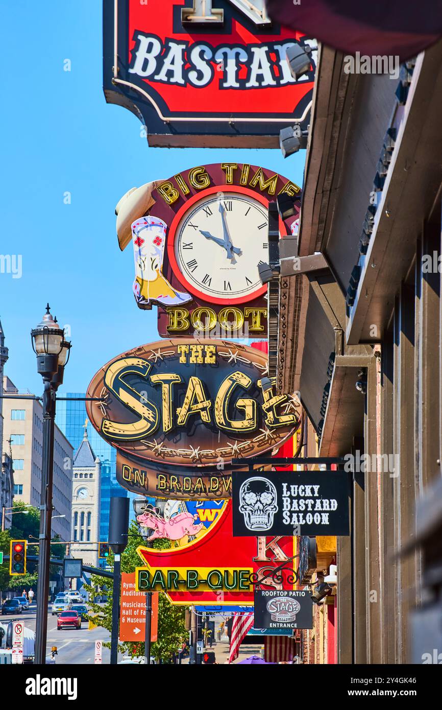 Nashville Broadway Nightlife Signs at Eye-Level Tilt Stock Photo - Alamy